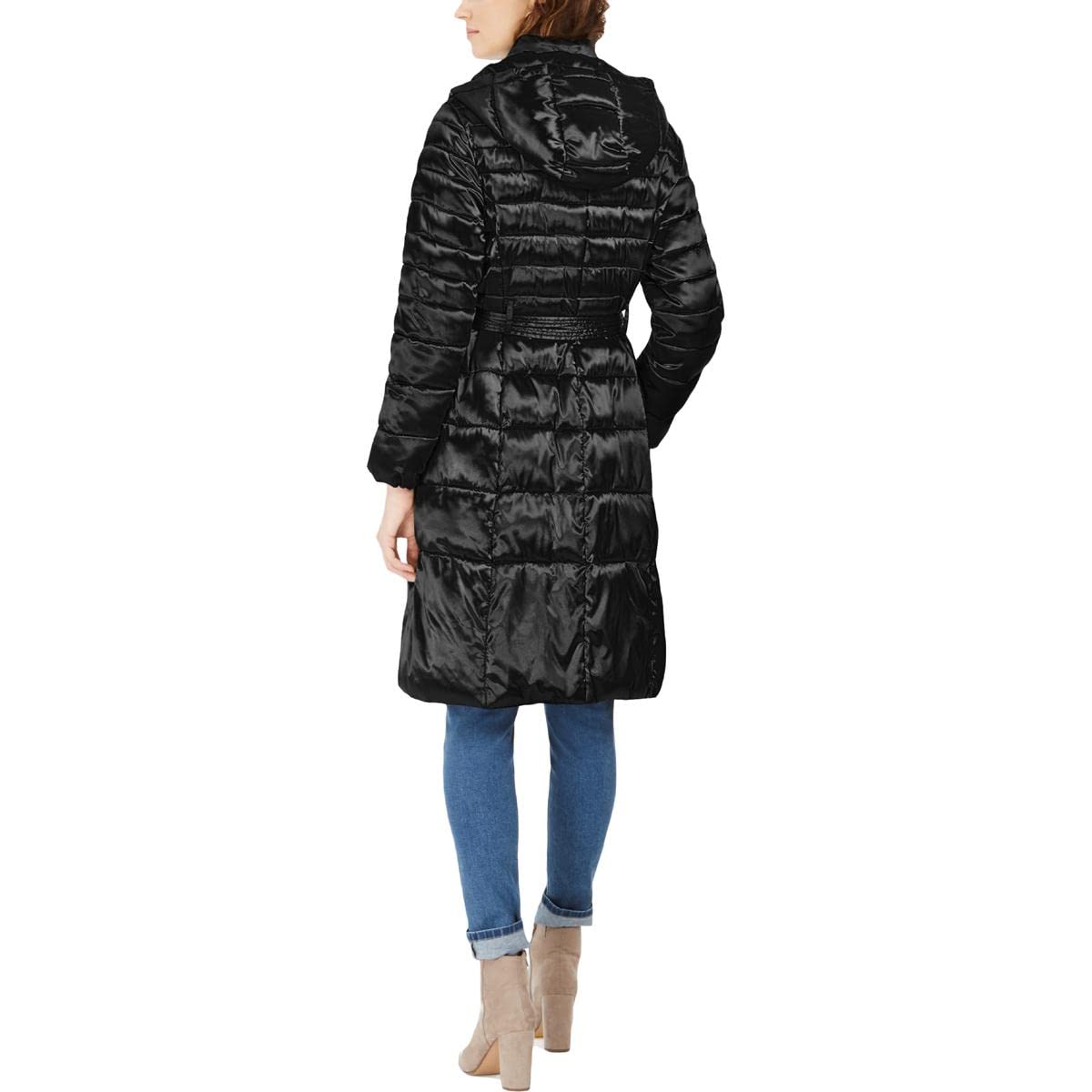 Cole Haan Women's Sateen Faux Down Belted Coat, Black, Small
