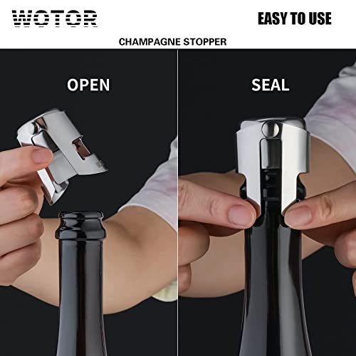 WOTOR Champagne Stoppers with Stainless Steel Champagne Bottle Stopper with Food Grade Silicone Reusable Champagne Cork, Saver Suitable for Champagne, Cava, Prosecco, Sparkling Wine (Silver, 2pack)