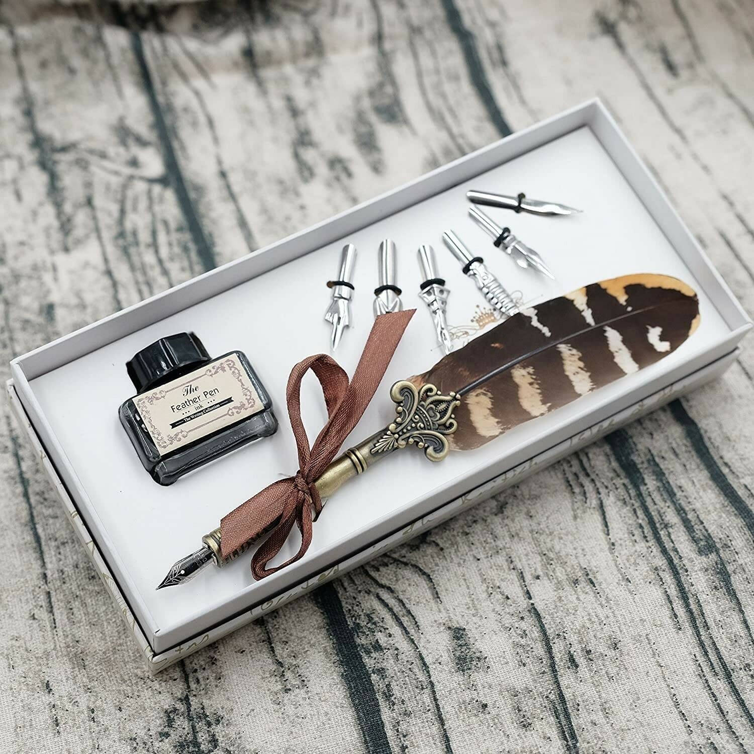 Feather Quill Pen Set Dip pen with ink and 6pcs Stainless Steel Nibs Calligraphy Pen for beginners in Gift Box