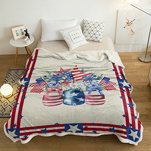 LEOKOTI 4th of July Spring Floral Ultra Warm Sherpa Blankets Throw, Red Stripes Star Independence Day Durable Double-Side Fluffy Baby Throw Blanket for All Seasons Throw Size 50" x 60"