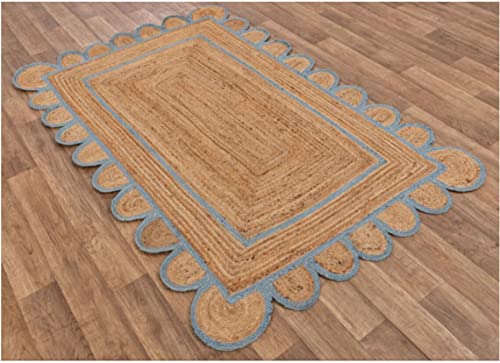 Rangneel Handloom Scalloped Sky Blue Border Jute Rugs, Scallop Boho Decor Handmade Rectangle Jute Rug (2x3 Feet)