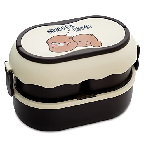 PUOENFGR Bento Lunch Box,Large Capacity Double Layer stacking with Handle with Adults,Microwave Can Be Used,Comes with Three-Piece Cutlery Set,BPA-Free,Great for Camping,Work(Moe Force Brown)