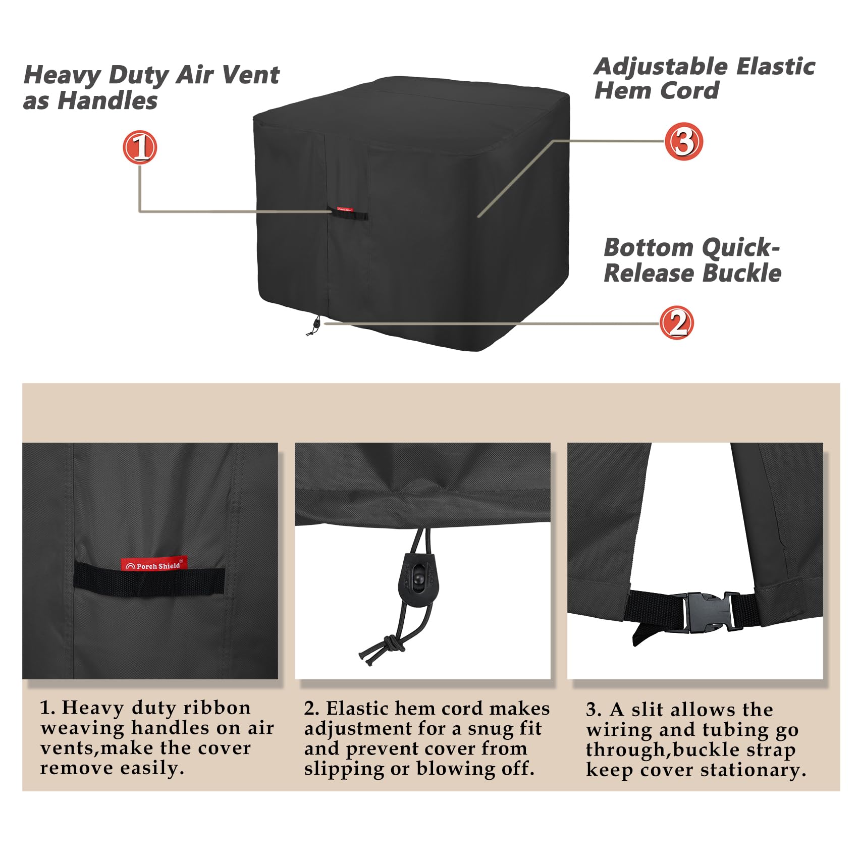 Porch Shield 600D Waterproof Air Conditioner Covers for Outside Units Square AC Cover Black - 34 x 34 x 30 inch