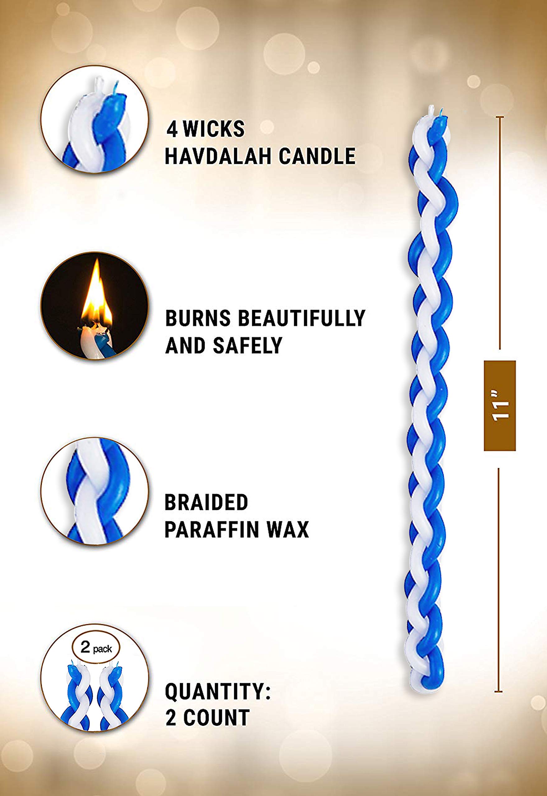Ner Mitzvah Braided Havdalah Candle - 2-Pack - Blue and White Paraffin Wax - Handcrafted Havdallah Candle - Shabbat Judaica Gift