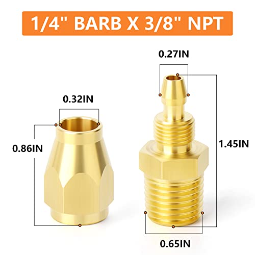 GASHER 5PCS Brass Pneumatic Replacement Fitting, Reusable Hose End Repair Fitting 1/4" Barb(Suitable for 1/4" ID,5/16" OD air hose) x 3/8" NPT Rigid