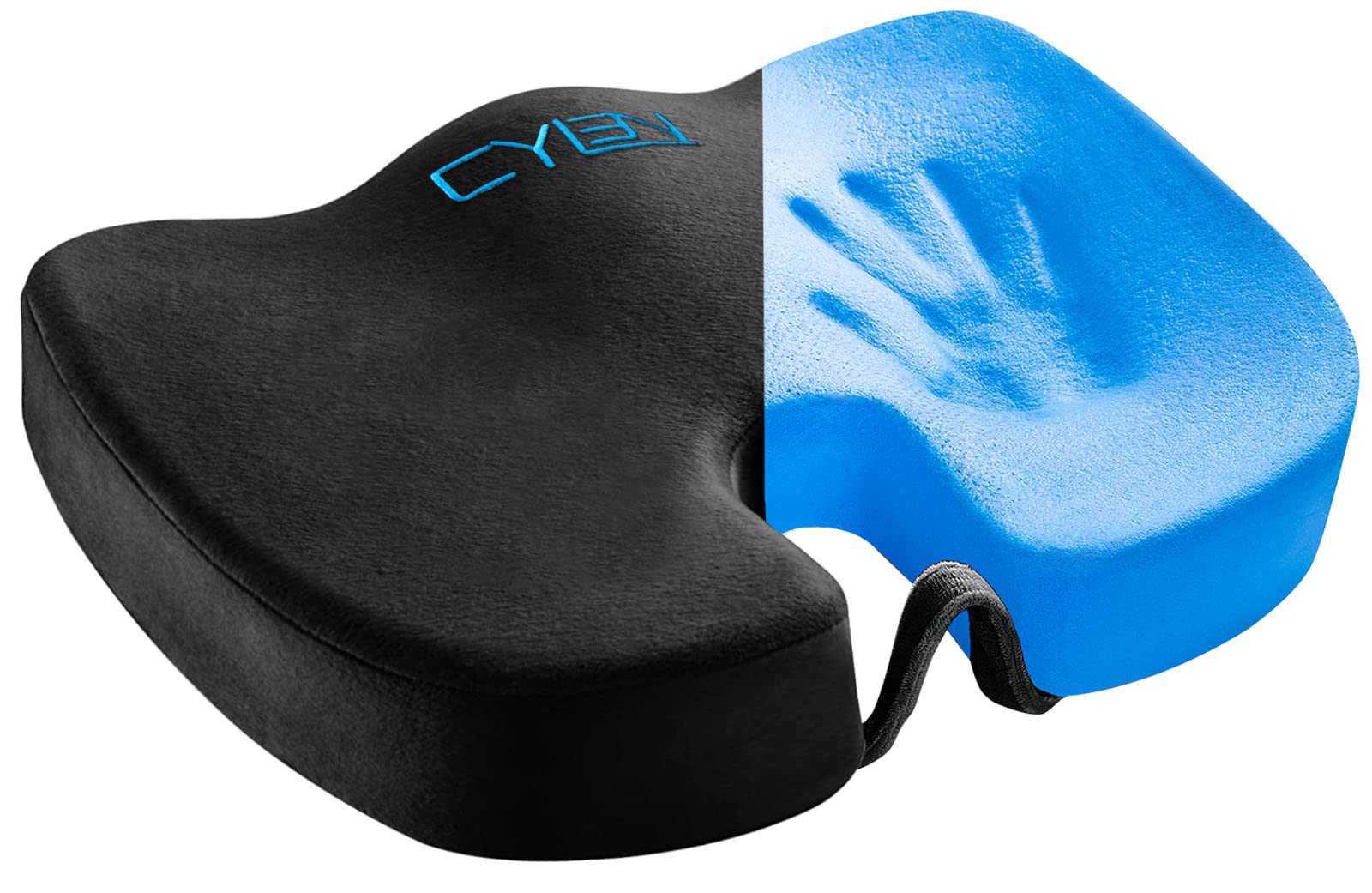 CYLEN Home Office Seat Cushion - Comfort Memory Foam Chair Cushion with Cooling Gel Infused for Tailbone, Coccyx, Back & Sciatica Pain Relief (Black-Blue)