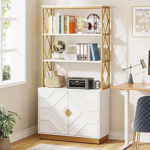 Tribesigns White and Gold Bookshelf with Doors: 70.9 Inches Tall Etagere Bookcase with 3 Shelves 2 Cabinets, Modern Open Display Book Shelves with Metal Frame for Living Room Bedroom Office