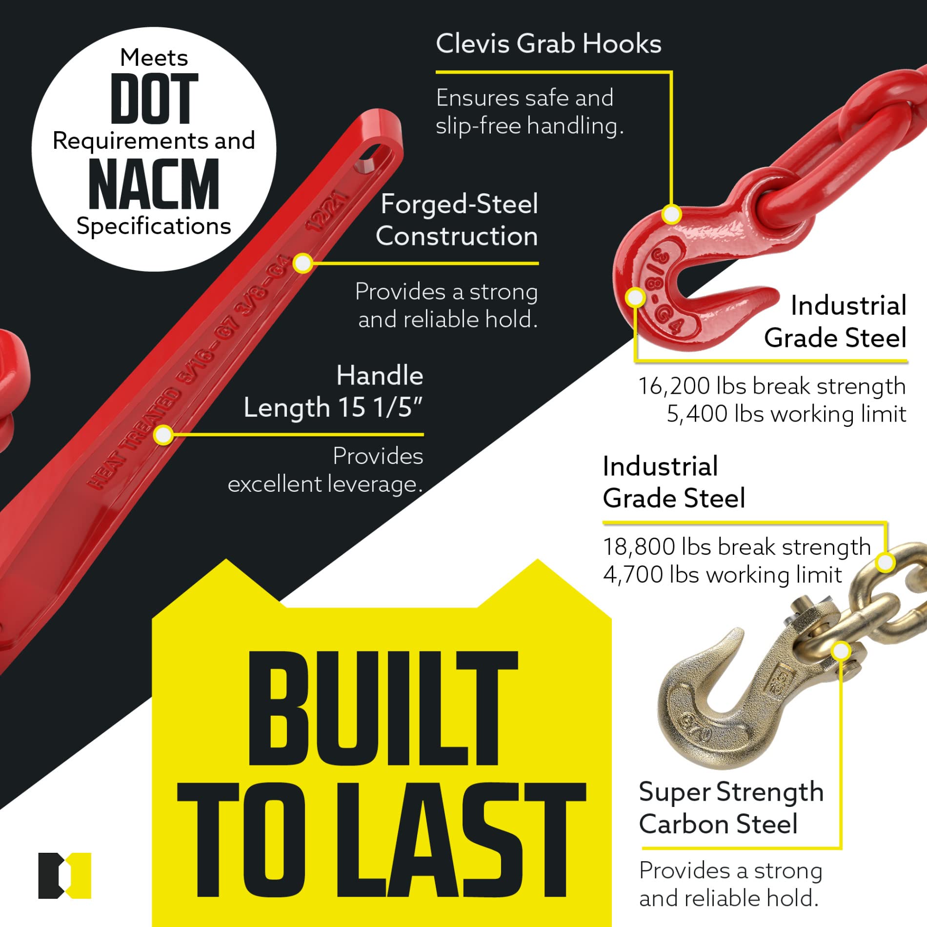 DC Cargo Chain Binder Kit | 5/16" Grade 70 Extra Long 20 Foot Chain - and Load Binder Set | Heavy Duty Ratcheting Chain and Binder | Load Chain and Binders β 4,700lb Working Load Limit As Set