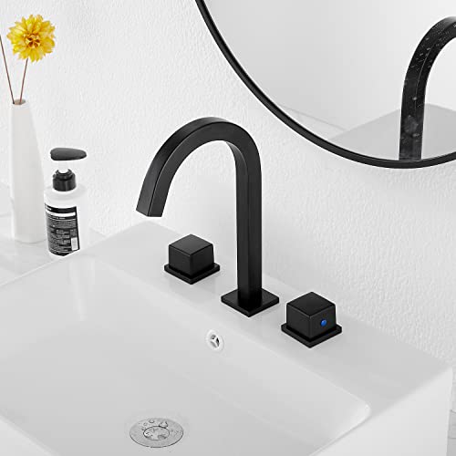 GGStudy Matte Black Widespread Bathroom Faucet 2 Handles 3 Holes 8 inch Widespread Bathroom Sink Faucet Black Matching with Pop Up Drain