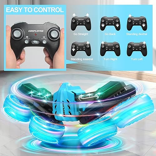 TRIPLEFINE Remote Control Car for Boy 8-12, 2.4GHz LED Fast RC Stunt Car, 4WD Double Side 360° Rotating RC Truck with Rechargeable Battery(Bule)