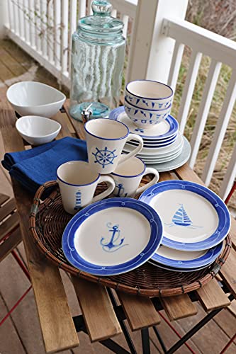 Euro Ceramica Ahoy Collection Nautical Ceramic Coffee/Tea Mugs, 13.5oz, Set of 4, Assorted Designs, Blue & White