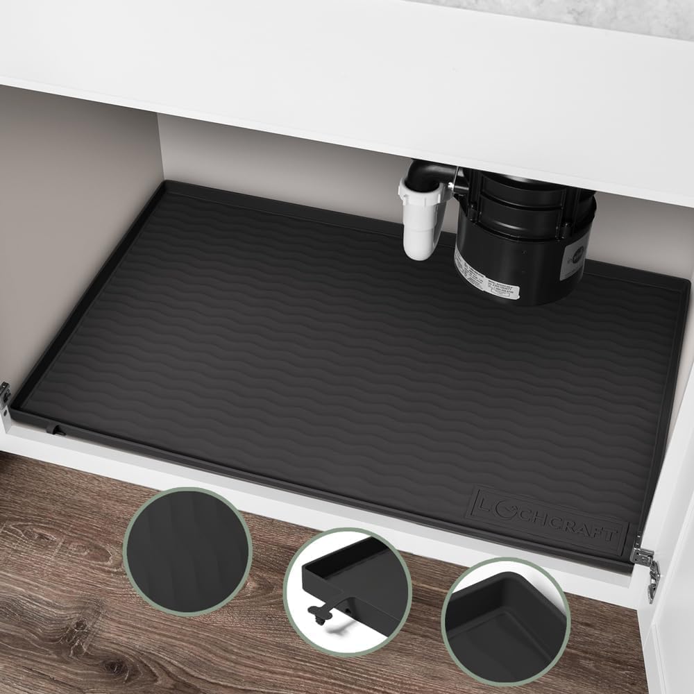 LochCraft Under Sink Mats for Kitchen Waterproof (31x22) Silicone Undersink Liner for Organizing and Waterproofing - Ideal for The Kitchen, Bathroom, and Laundry Room, Fits 33 Inch Cabinet (Black)