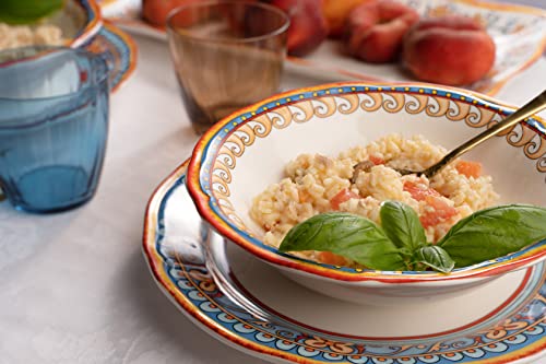 Euro Ceramica Duomo Collection Pasta Bowl Set of 4, Italian Floral Design, Multicolor, gold and cream, 34 fluid ounces