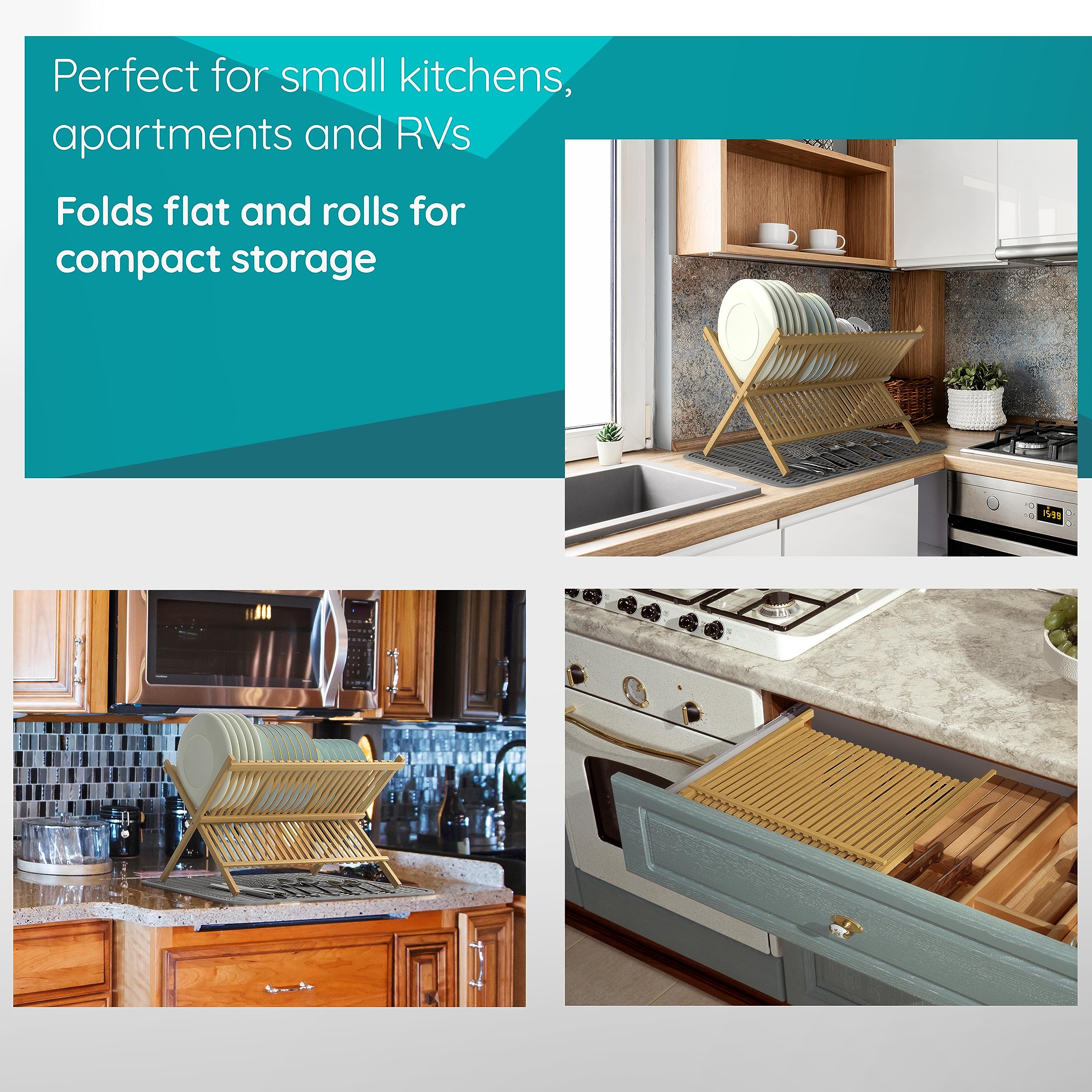 Compact Dish Drying Mat and Bamboo Dish Rack Combination Set (Grey Silicone, Bamboo Rack)