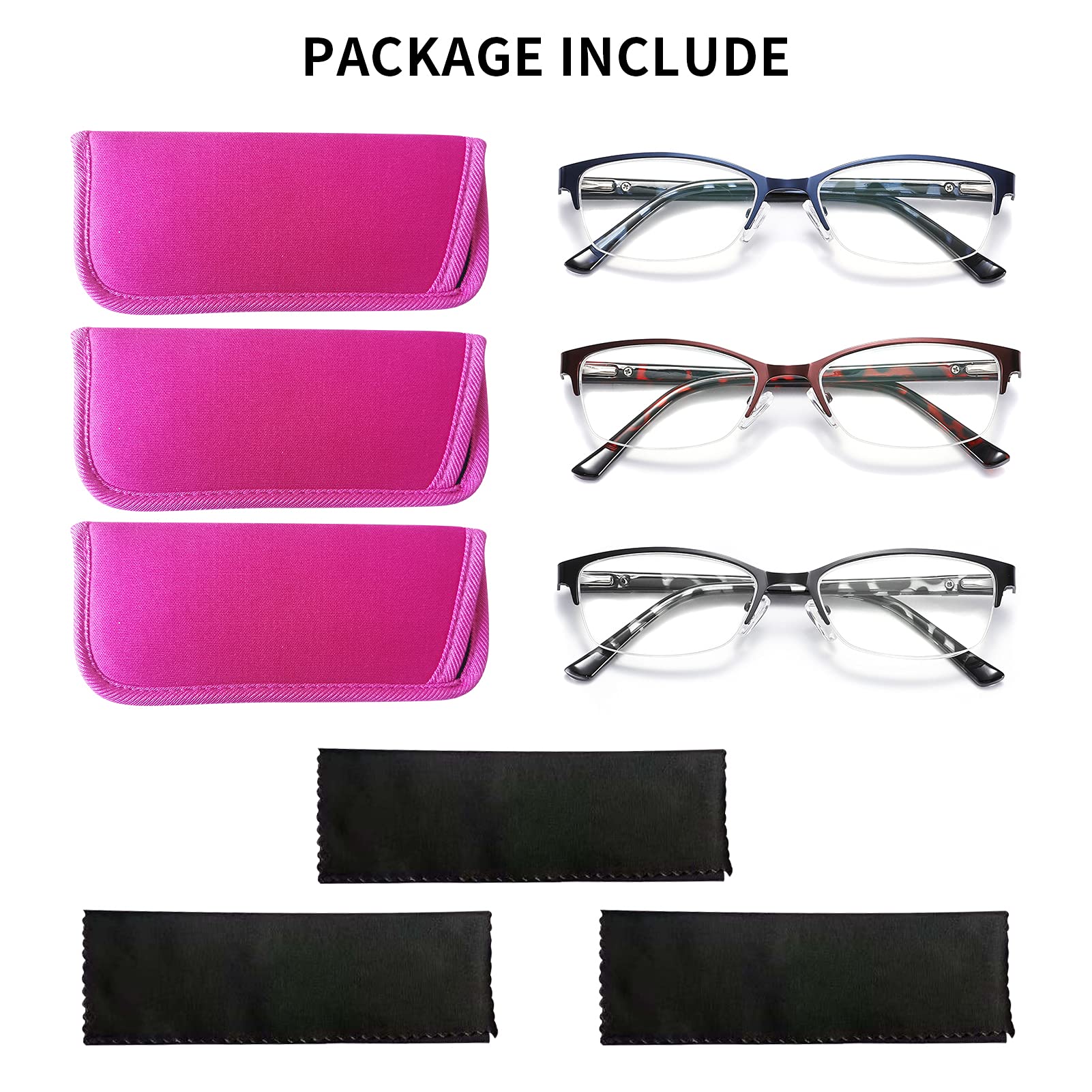 CRGATV 3-Pack Reading Glasses for Women Blue Light Blocking Metal Half Frame Computer Readers Anti UV/Eye Strain/Glare (+1.5 Magnification Strength)
