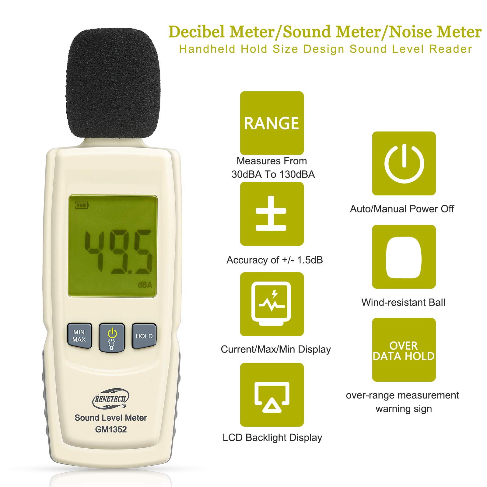 Decibel Meter 30-130 dB Sound Meter Noise Meter Max/Min/Data Hold Sound Level Reader LCD Display and Backlight Digital Sound Level Meter Flashlight Audio Noise Volume Measuring Monitoring Instrument