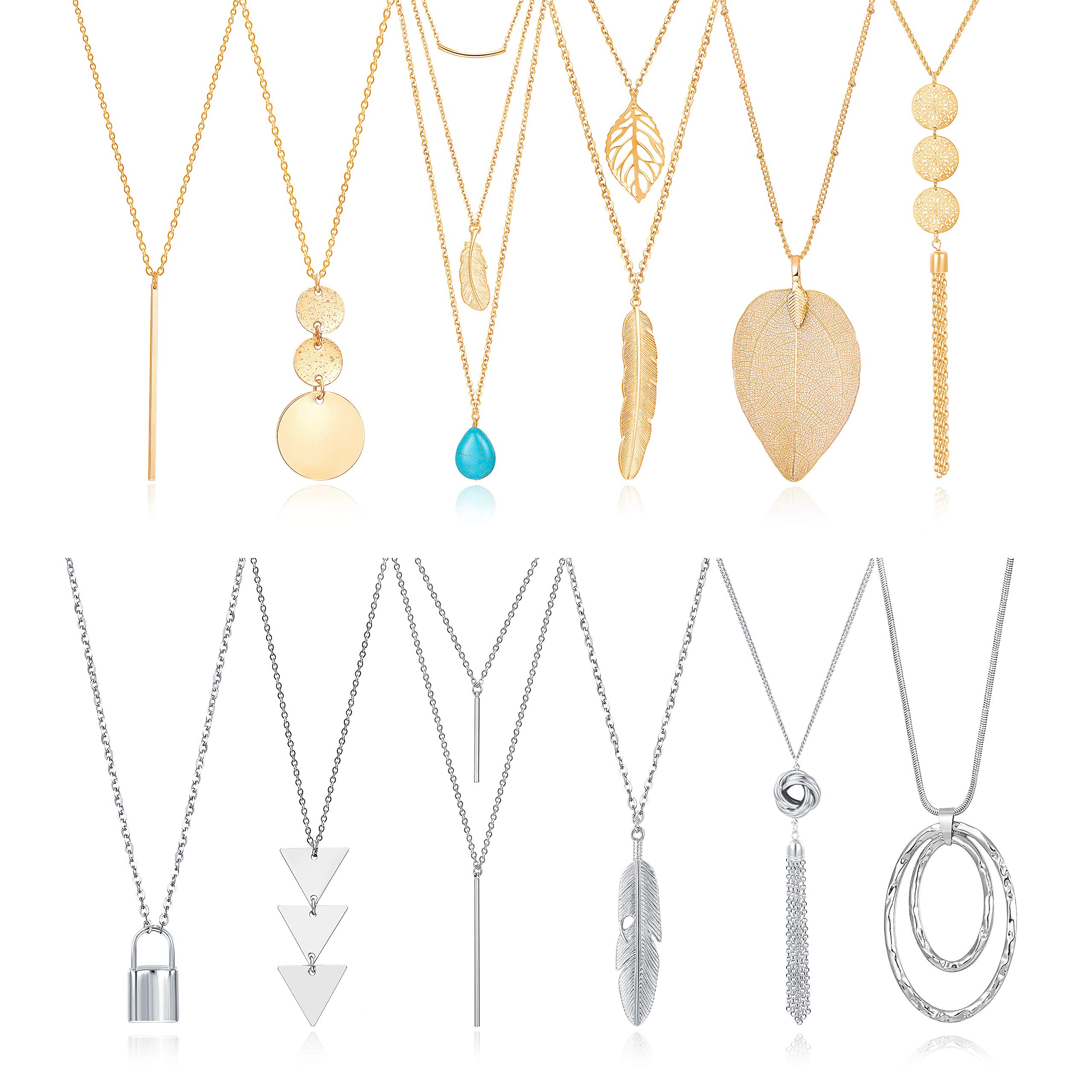 Fecsiory 12 Pcs Long Pendant Necklace for Women, Gold Bar Feather Triangle Leaf Lock Tassel Y Necklace Jewelry Set