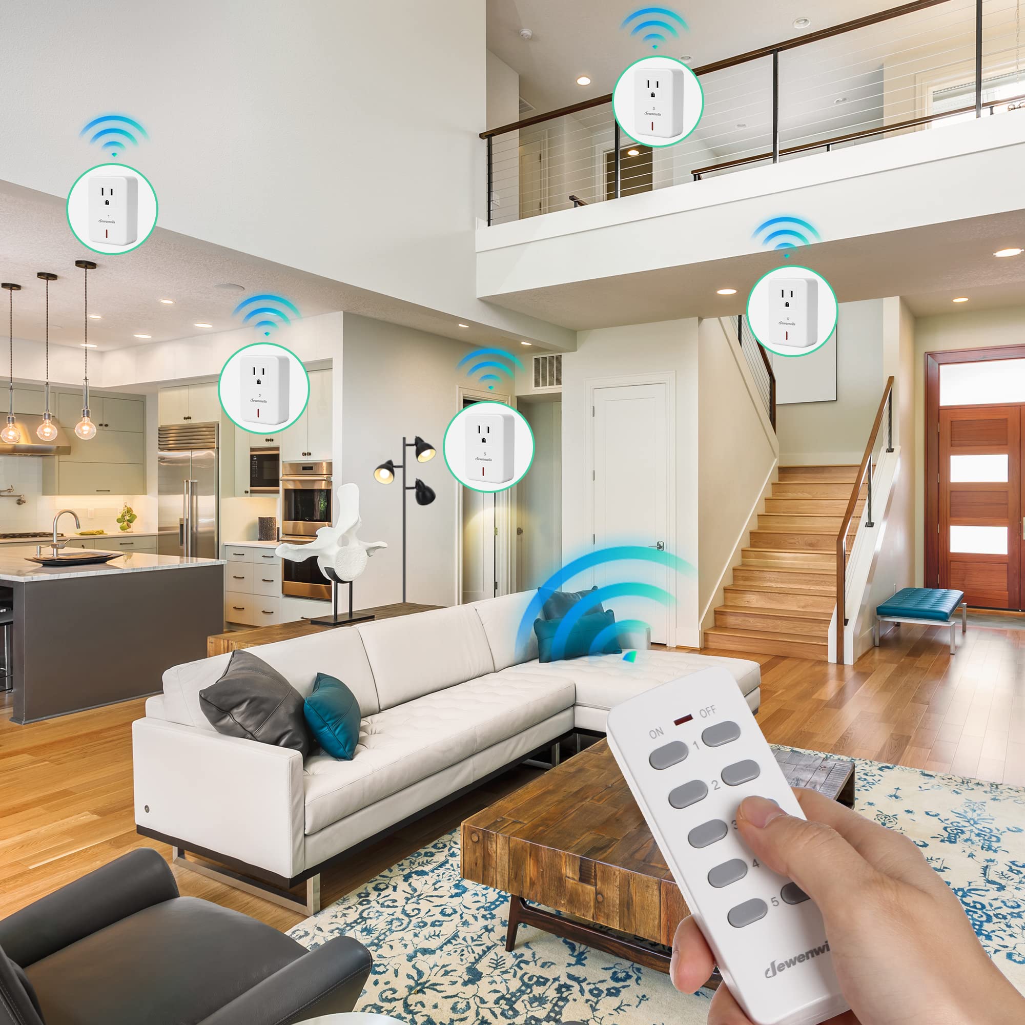 DEWENWILS Remote Control Outlet Plug Wireless On Off Power Switch, Programmable Remote Light Switch Kit, 100ft RF Range, Compact Design, ETL Listed, White (2 Remotes + 5 Outlets Set)