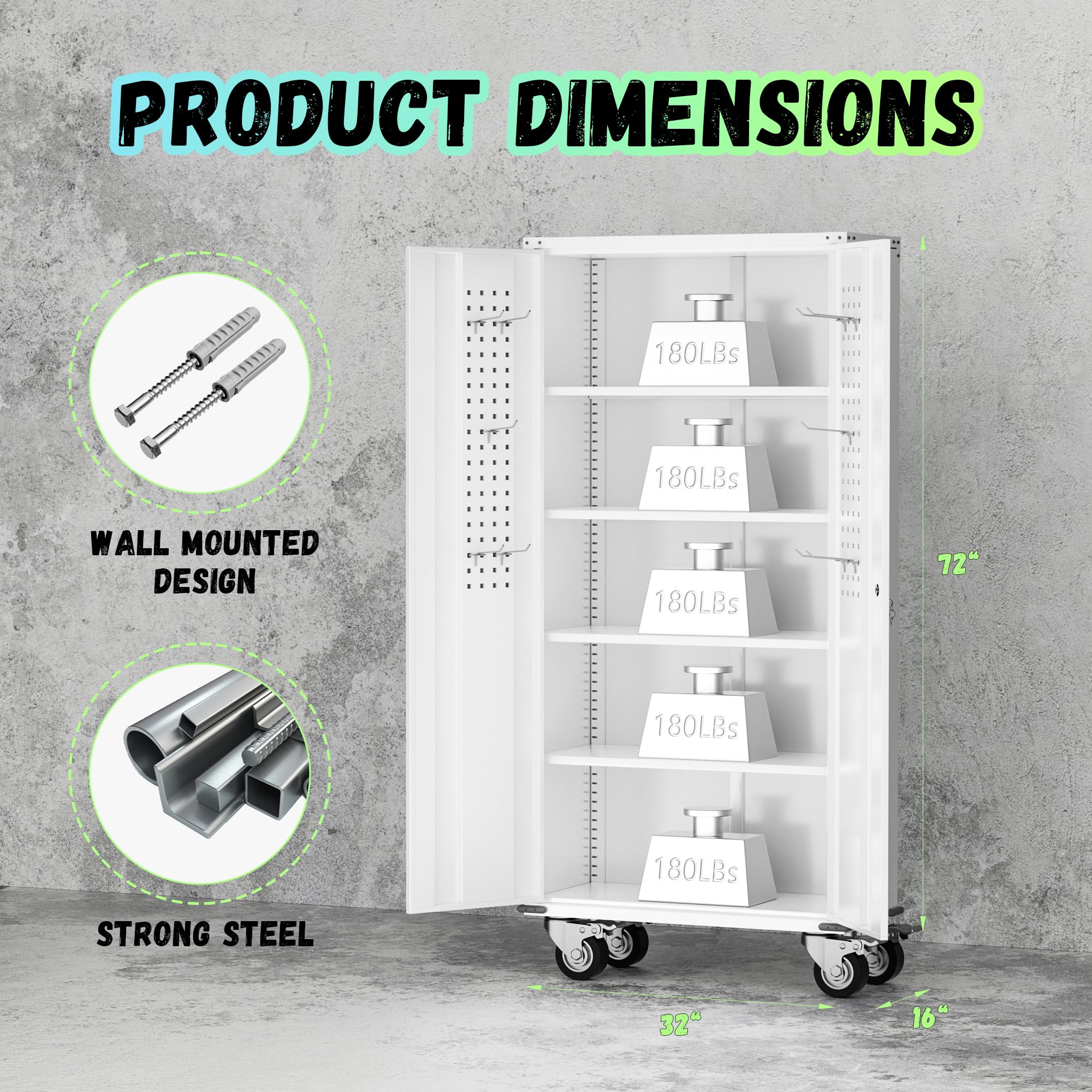 INTERGREAT 72" Metal Garage Storage Cabinet with Wheels, White Steel Locking Cabinet with 2 Adjustable Shelves and Doors, Rolling Metal Tool Cabinet for Home, Office, School, Garage