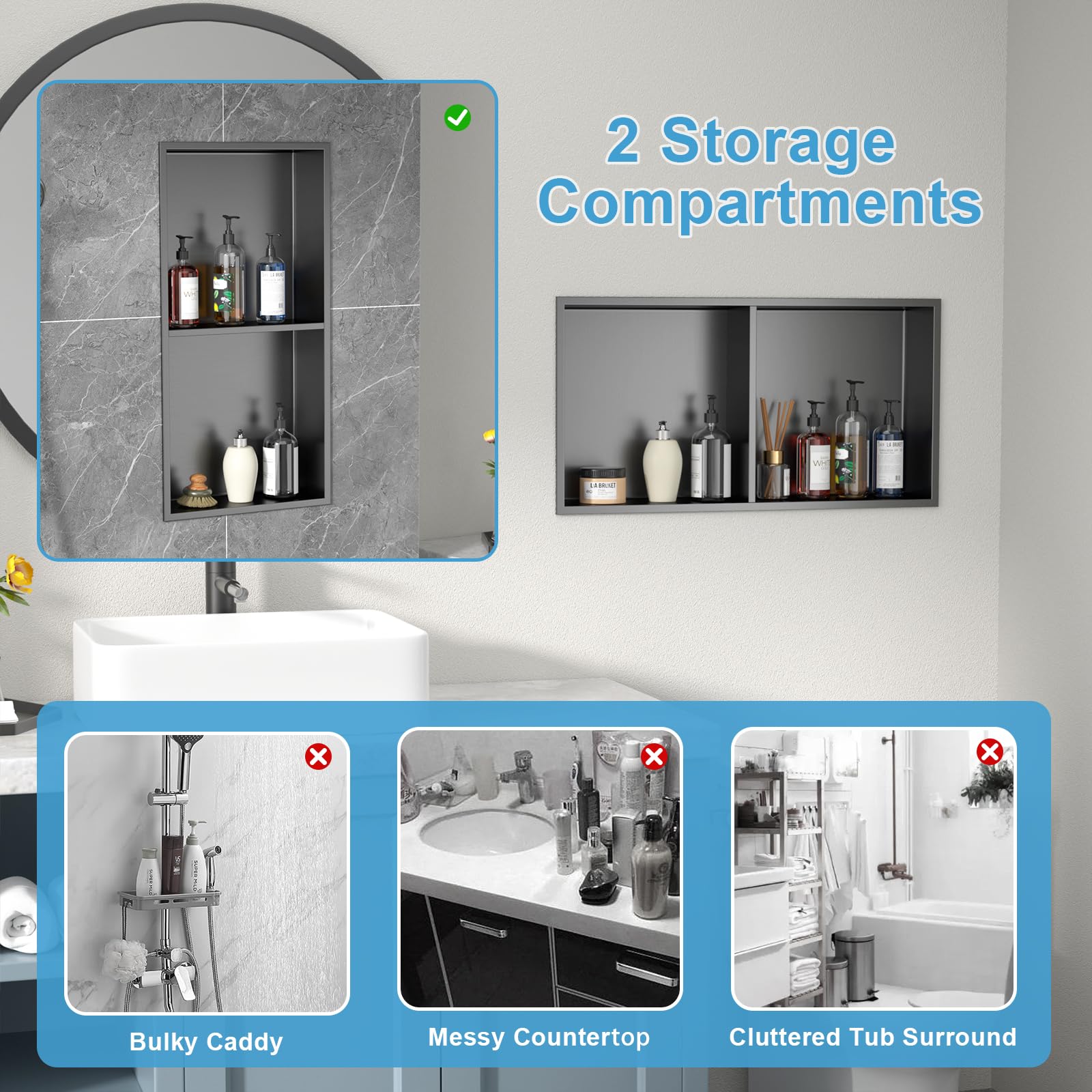 Lofeyo 12"x24" Stainless Steel Shower Niche Single Shelf Bathroom Wall Niche Brushed Nickel In-Wall Organizer for Soap and Accessories Horizontal Use