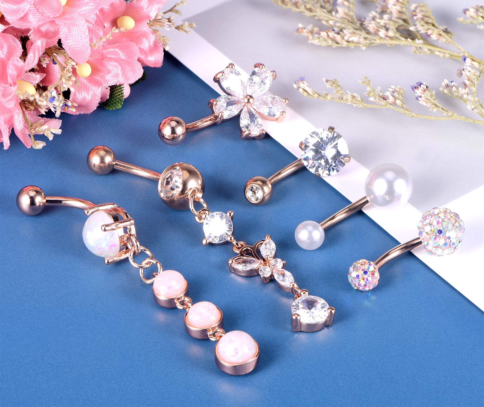 FECTAS 14g Belly Button Rings Dangle Surgical Steel CZ Navel Ring Barbell for Women Body Piercing Jewelry Rose Gold Silver
