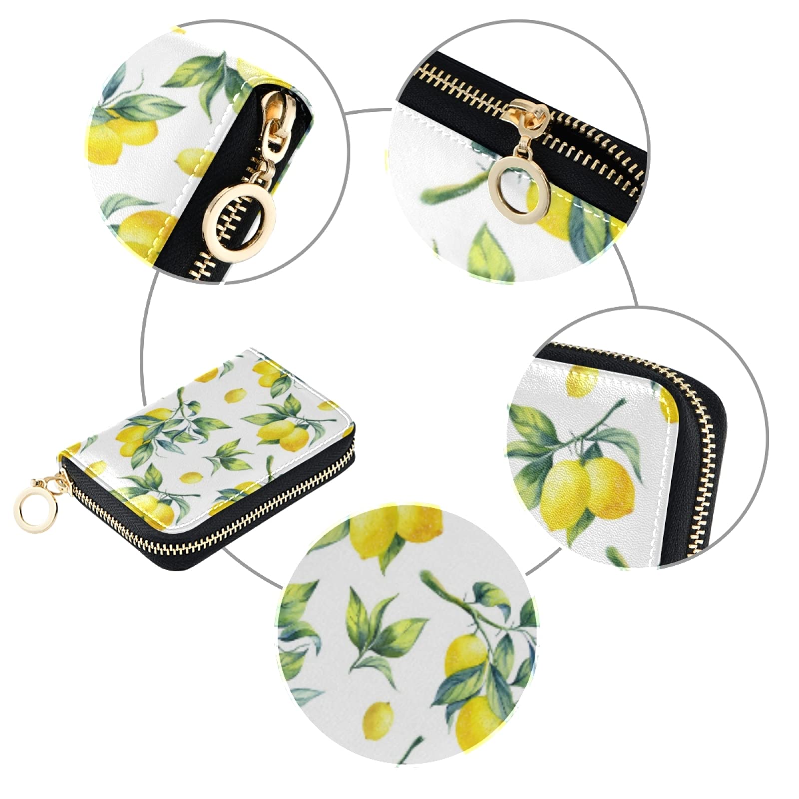 Yellow Lemon With Green Leaves Seamless On White Grey Credit Card Coin wallet, RFID Blocking Compact Women Leather Card Holder, Key Change Organizer, Zipper Purse Clutch Pouch Pocket