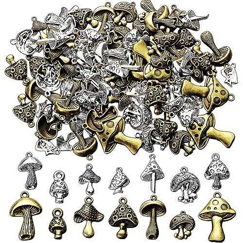 Huquary 140 Pcs Mushrooms Charms Bulk Alloy Mushroom Charms Pendants Antique Style Plant Charms Small Cute Jewelry Findings for DIY Necklace Earrings Bracelet Making Craft Supplies (Bronze, Silver)