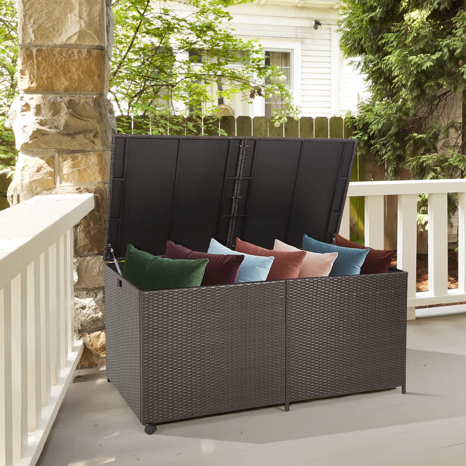 Tangkula 175 Gallon Outdoor Storage Box, Wicker Patio Deck Box with 2 Universal Wheels and Waterproof Zippered Liner, Outdoor Storage Container for Cushions, and Garden Tools