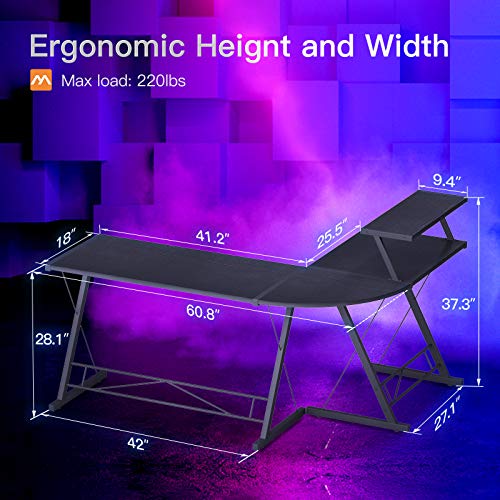 Coleshome 61" Super Large L Shaped Desk Gaming Desk, L Desk Computer Corner Desk with Round Corner with Removable Shelf for Gaming Desk Home Office Writing Workstation