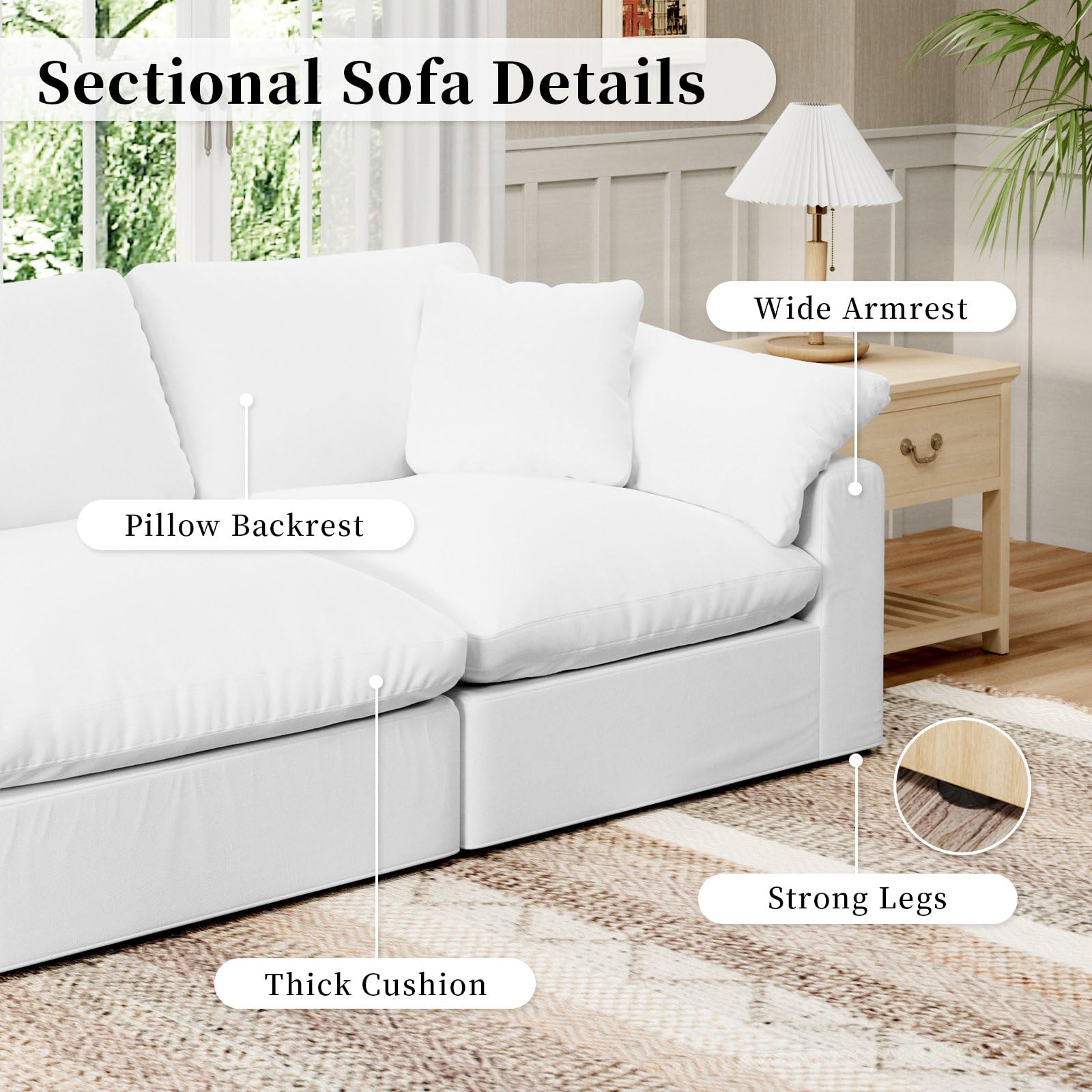 Intuition Decor Modular Sectional Sofa Cloud Couch,Down Filled Comfy Cloud Modern Sofa,White Linen L Shape Oversized Couch Cushion Covers Removable for Living Room, 3 Seater+1 Ottoman