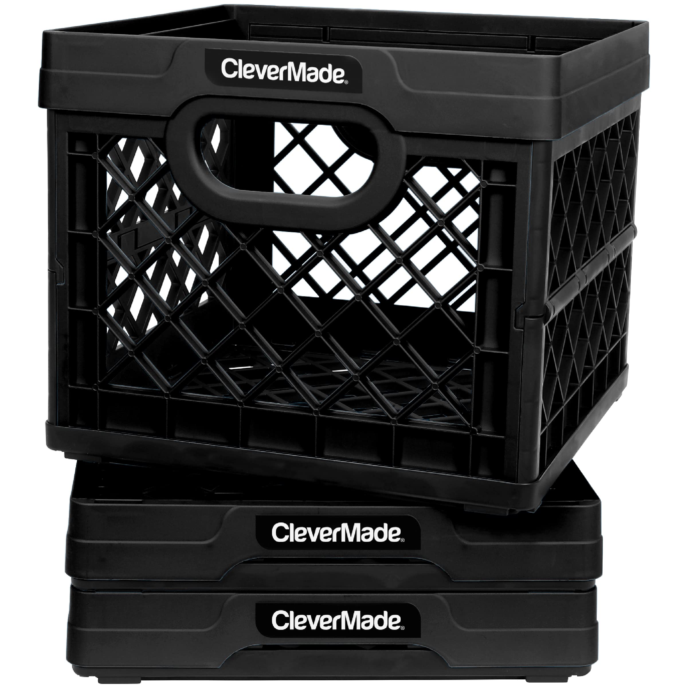 CleverMade Eco 24L Collapsible Reusable Plastic Grocery Shopping Baskets & Collapsible Milk Crates, 25L Plastic Stackable Storage Bins CleverCrates Utility Folding Baskets, Pack of 3, Black