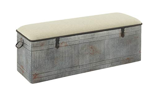 Deco 79 Metal Room Storage Bench Galvanized Entryway Bench with Cream Burlap Top, Bench 50" x 16" x 18", Gray