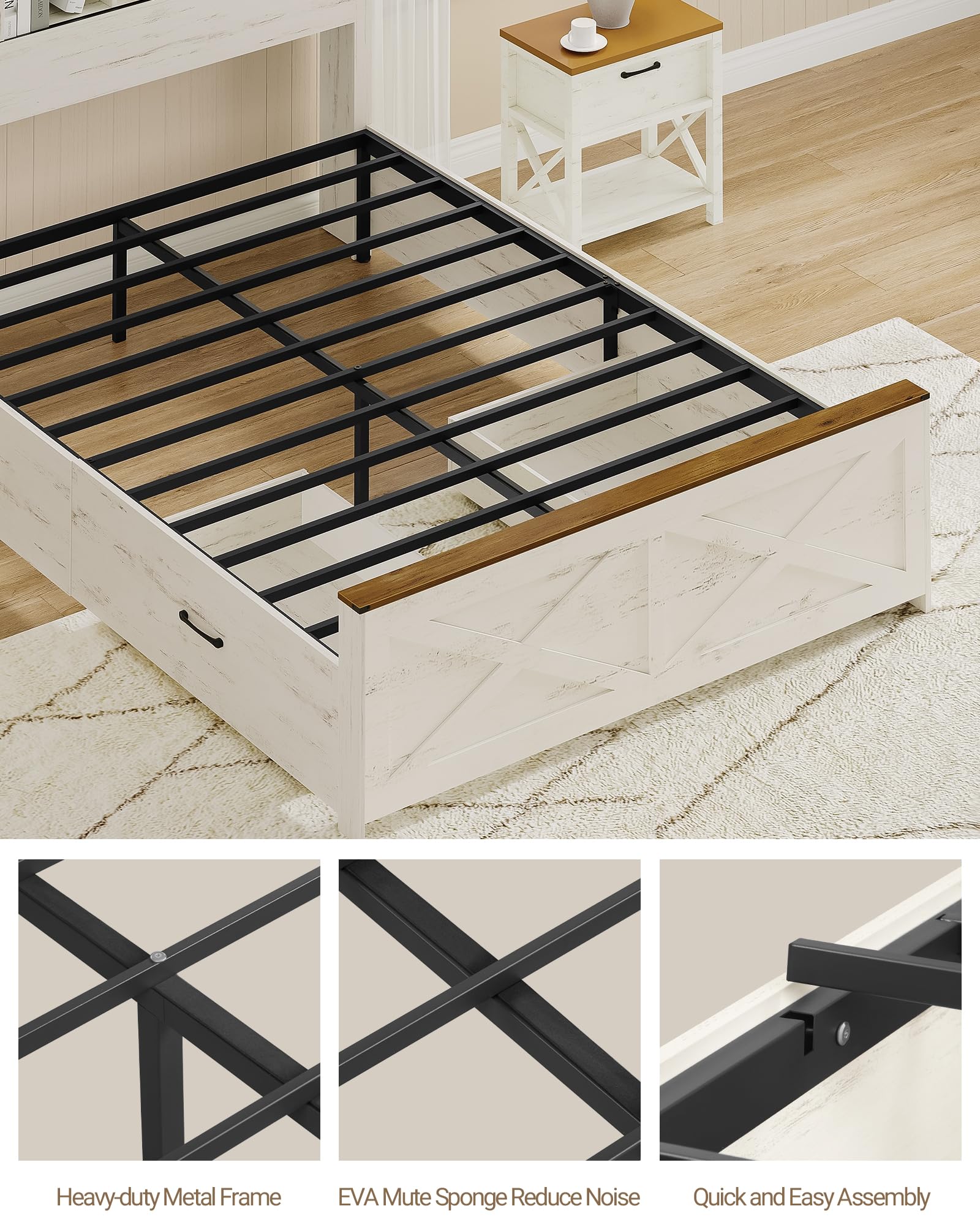 HILINSIE Full Size Bed Base Frame with Storage Bookcase Headboard, Sliding Barn Door, Heavy Duty Metal Platform Bed Frame Base with 2 Drawers, LED Lights and USB Charging Station, No Box Spring Needed