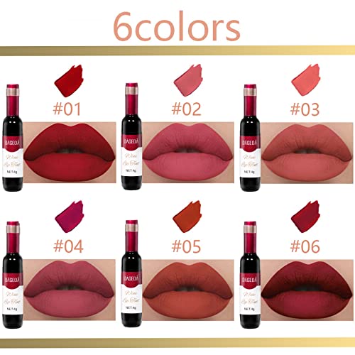 DAGEDA 6Pcs Velvet Wine Lip Tint,Matte Lipstick Velvety Lip Makeup Set, Highly Pigmented Liquid Lipstick, Non-stick Cup Lip Makeup Gift Kit for Girls Women(A Set)
