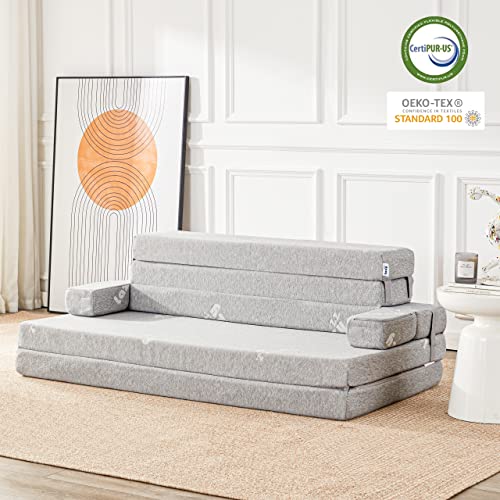 Lazyzizi Sleep 4 Inch Foldable Mattress, Portable Floor Mattress Couch with Headrest, Washable Cover, Foldable Foam Couch Queen for Guest Bed, Folding Sofa Bed, Camping, Road Trip, Light Grey