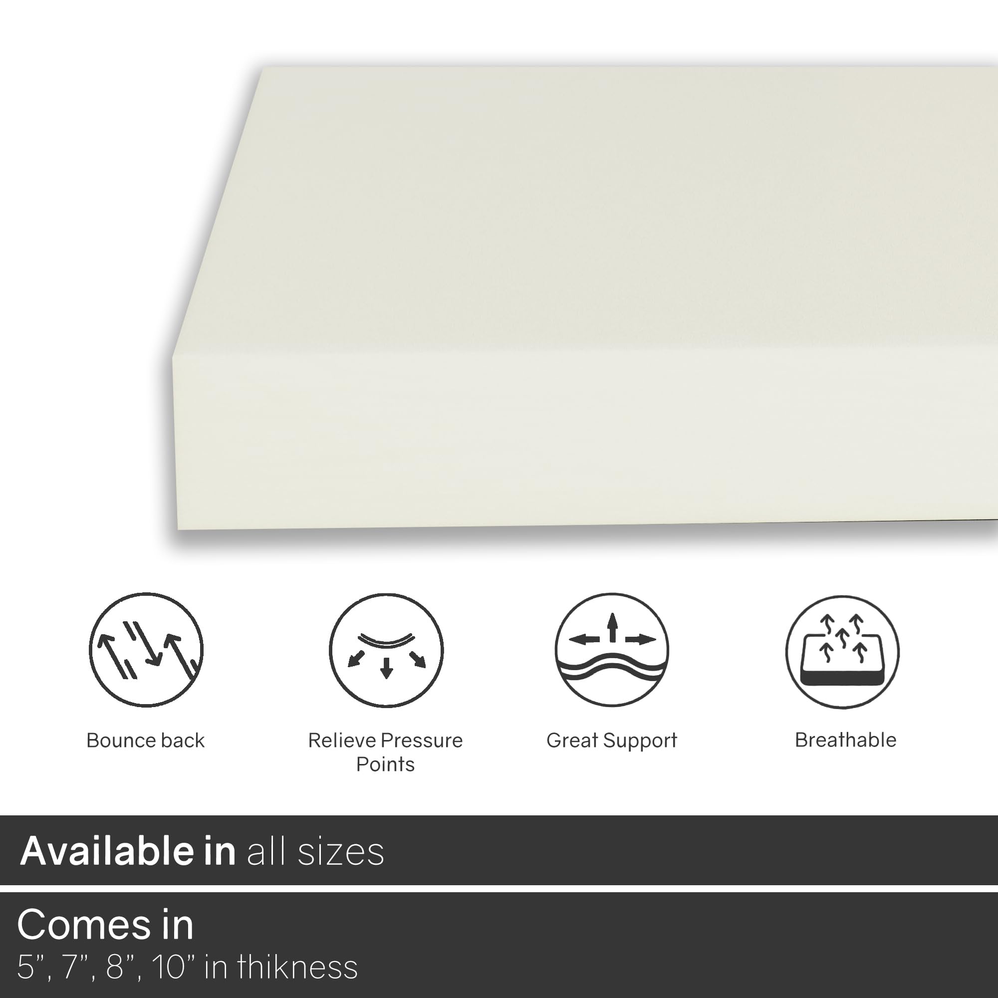Greaton, 5” High Density Foam Only, Versatile Application Like Mattress, Cushions, RV, Sofa, Chair, Campaign, Full, White
