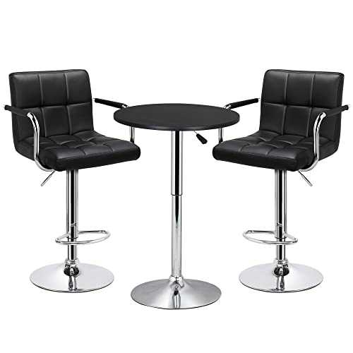 Yaheetech 3-Piece Bar Table Set, Round Bar Table and PU Leather Adjustable Swivel Chairs, Modern Counter Height Table Set with 2 Bar Stool for Kitchen, Black