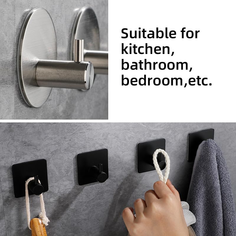 lesoe Heavy Duty Adhesive Hooks, Bathroom Hooks 4 Pack, SUS304 Stainless Steel Strong Strips Stick for Doors, Bathroom Kitchen Hanging Hats, Coats, Clothes, Wall Hangers Without Nail (4, Black-1)