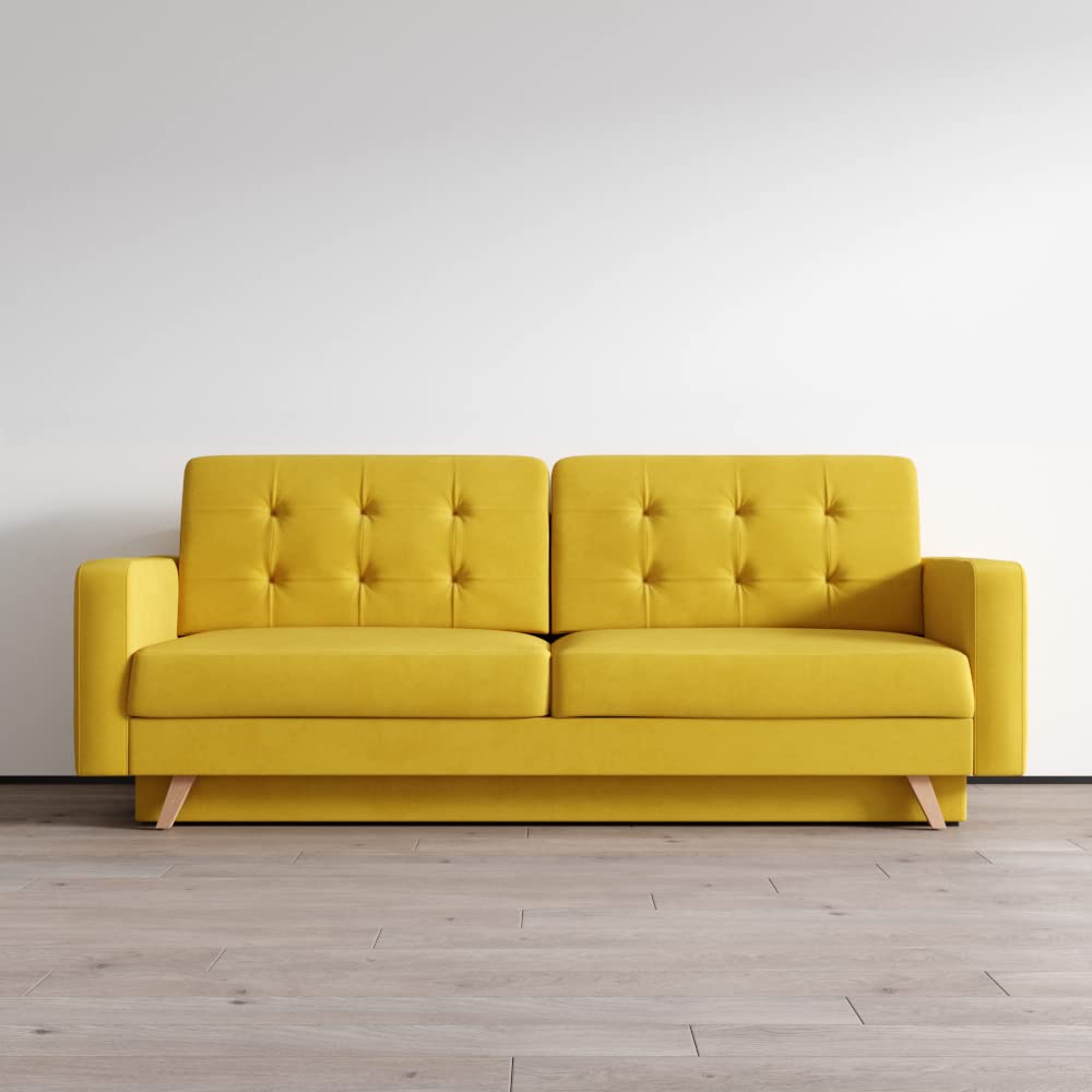 MEBLE FURNITURE & RUGS Vegas Futon Sofa Bed, Queen Sleeper with Storage, Yellow