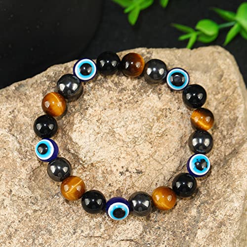 mens beaded bracelets(evil eye, tigers eye,hematite, obsidian)A handmade beaded crystal healing bracelet that can bring luck, happiness and protection(10mm elastic)