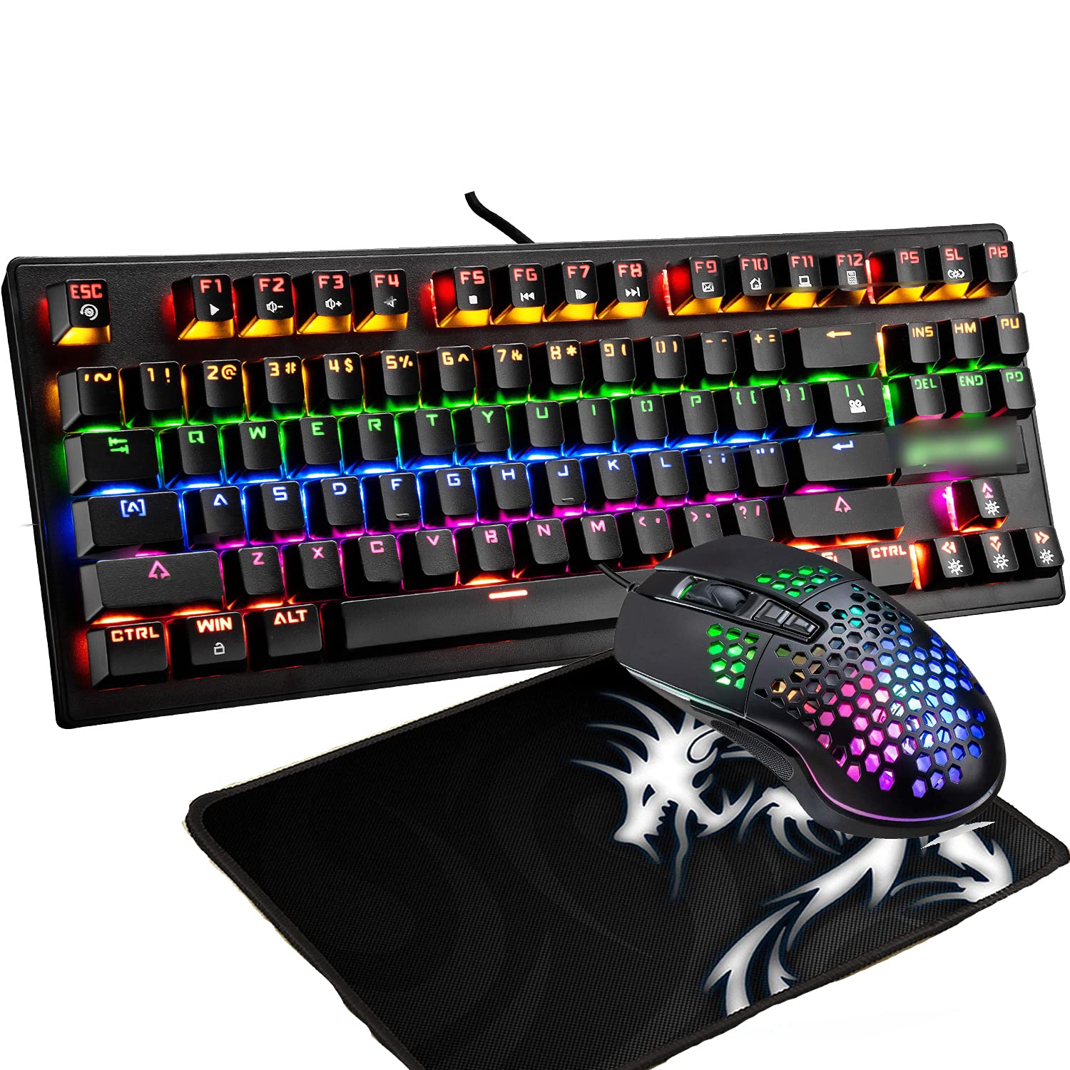 Computer Mechanical Keyboard,Wired Rainbow LED Backlit 87 Key Waterproof Gaming Keyboard,Gaming Mouse 6400 DPI RGB Mouse and Mouse pad for PC PS4(Black)