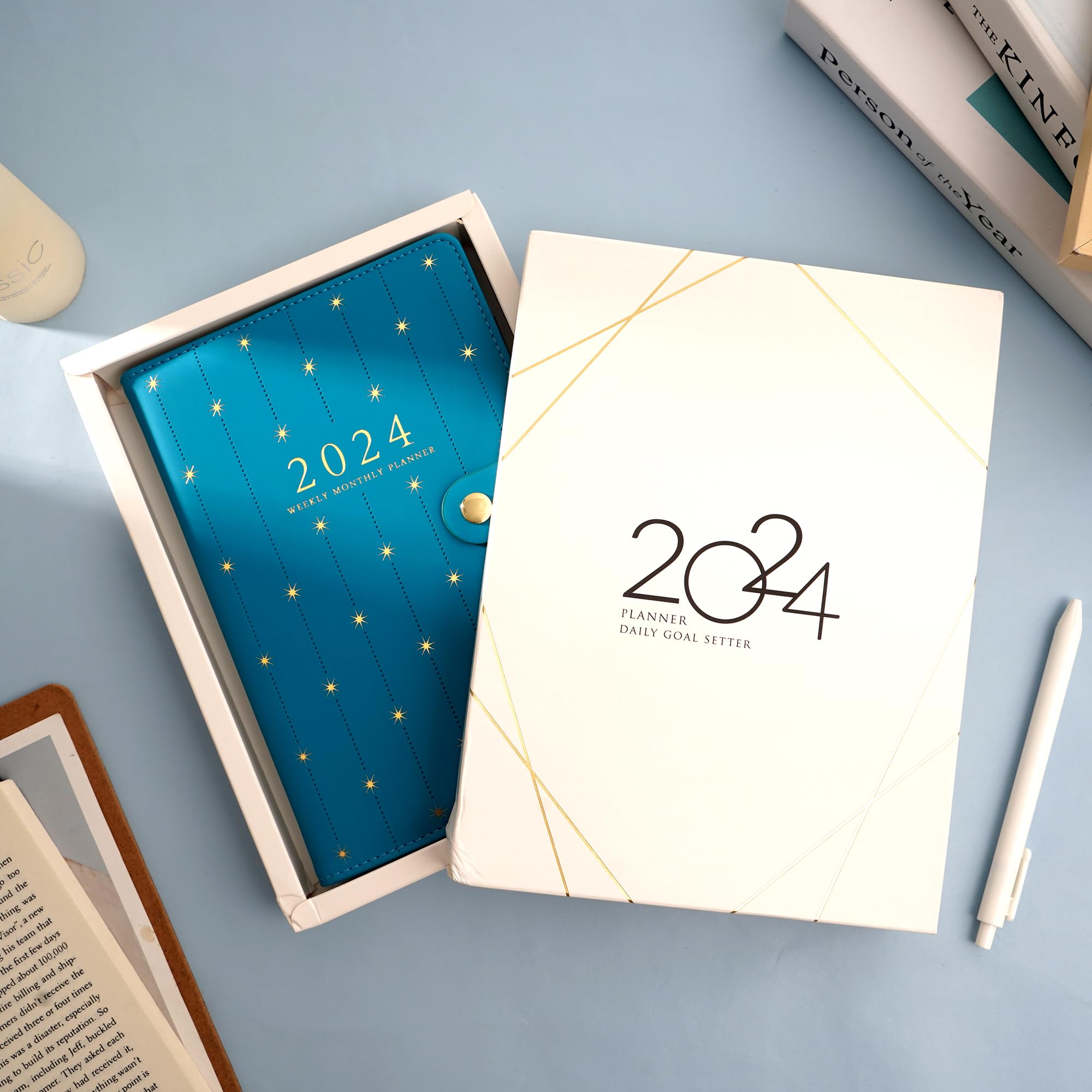 Daily Planner 2023 Agenda Weekly & Monthly Planner 2022-2023 Appointment Leather Planner for Women Students Time Management Journal with Pen Holder, Pocket, Premium Beige Paper, 5.9" x 8.7", Blue