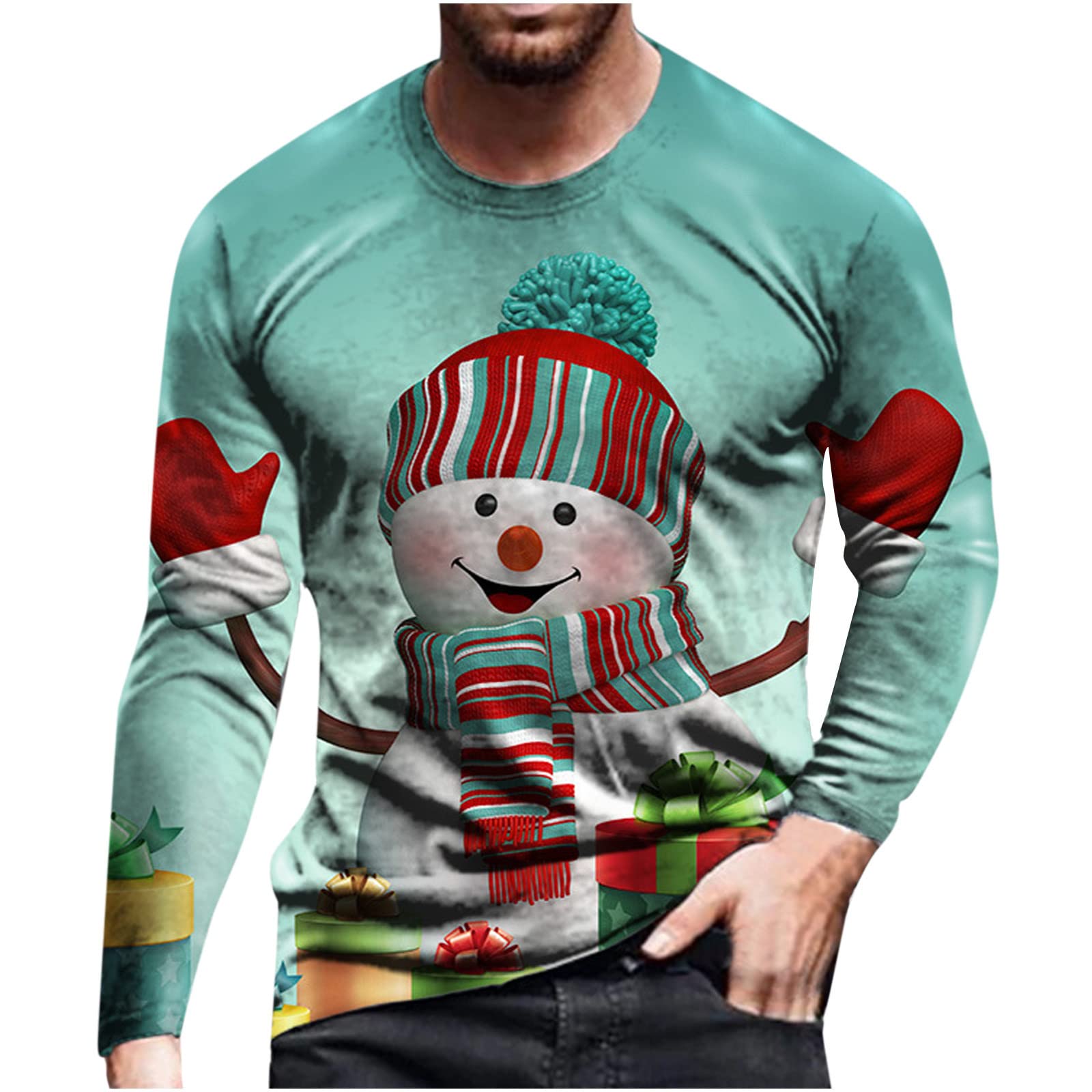 Christmas Shirts For Men Long Sleeve Ugly Xmas Santa Snowman Sweater Crew Neck Loose Fit Sweatshirt Holiday Pullover Sky Blue
