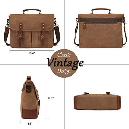 Mens Messenger Bag 15.6 Inch Waterproof Vintage Genuine Leather Waxed Canvas Briefcase Retro Office Computer Laptop Bag Large Satchel Shoulder Bag for Men Women, Brown
