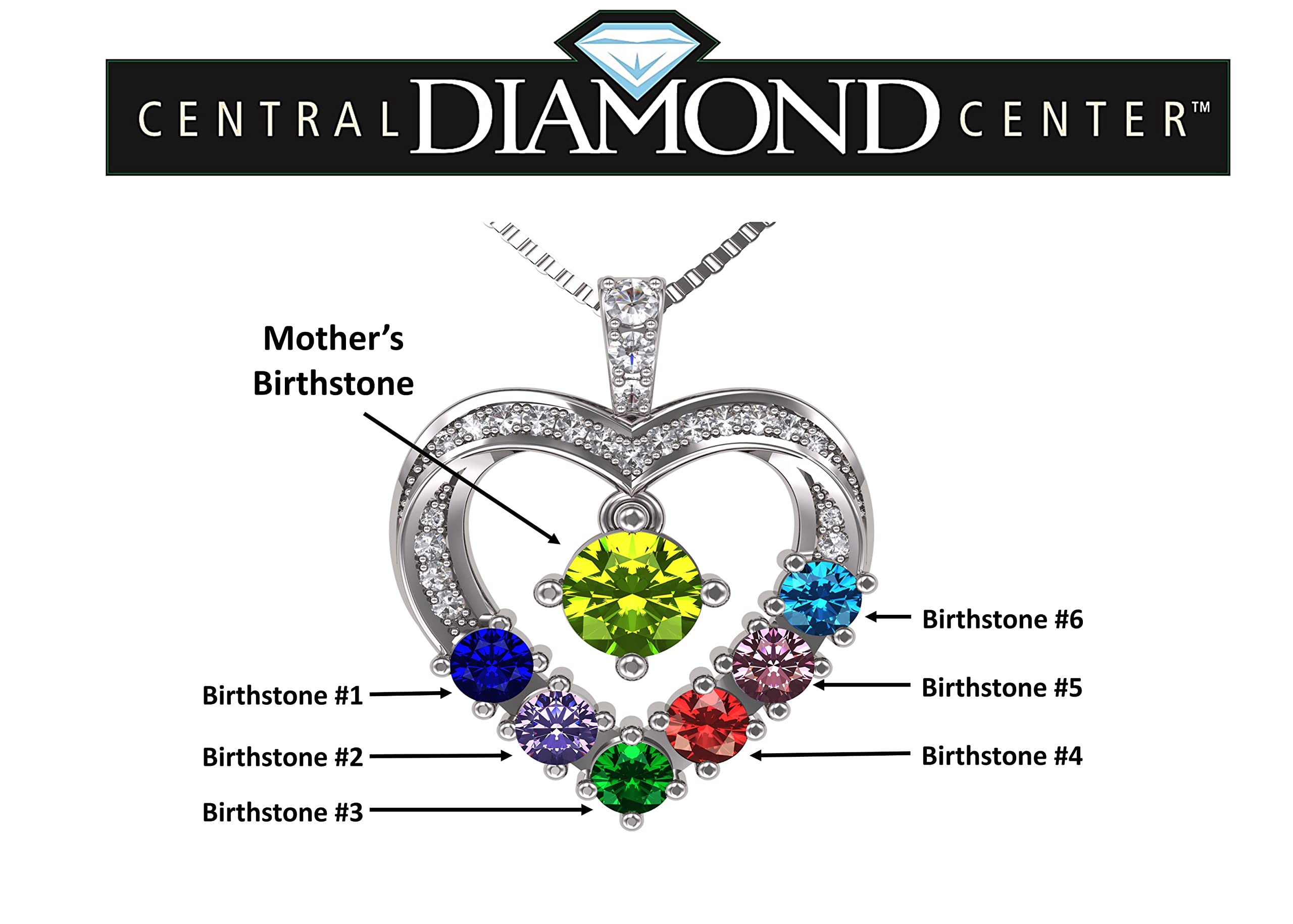 Central Diamond Center Mother & Child Heart Birthstone Necklace 1-6 Stones w/ 22" Adj. Box Chain -Silver Platinum Plated