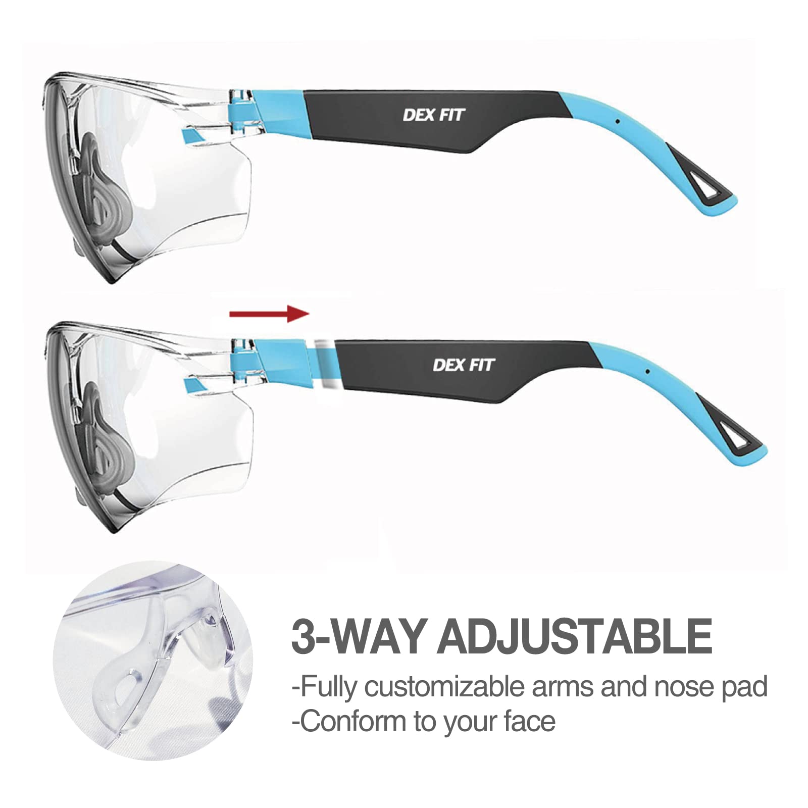 DEX FIT Safety Glasses SG210, Z87 Eye Protection, Anti-Fog & Scratch Resistant, Adjustable for Women and Men, UV Protection (Black & Blue Frame, Clear Lens)