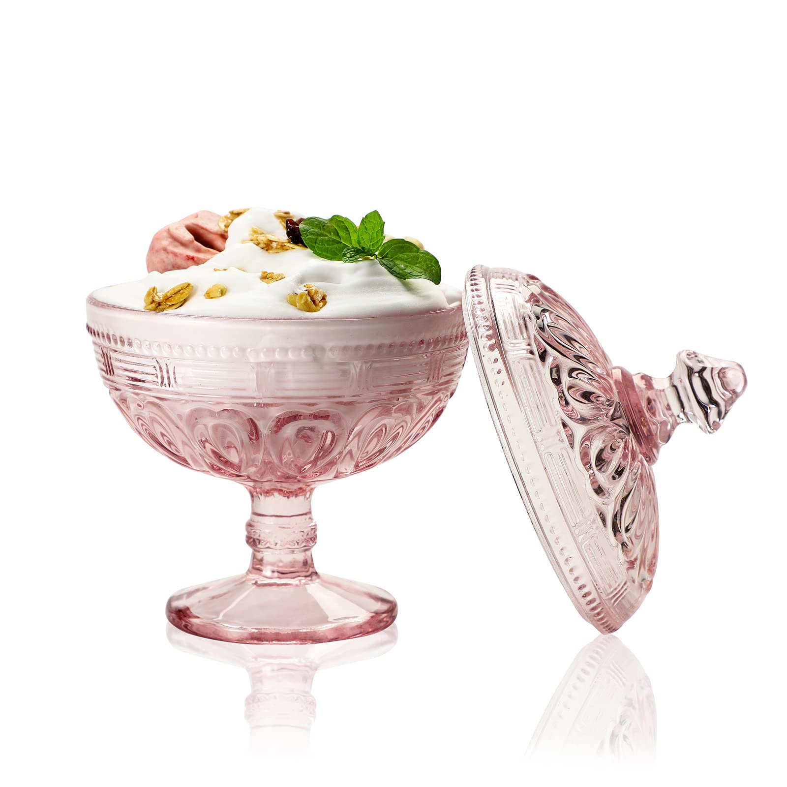 EVEREST GLOBAL Argus Pink Dessert Bowl with Lid 6 oz Confetti Parfait Sundae Nuts Ice Cream Snacks Cereal Candy Jar Fancy Vintage Cute Lovely