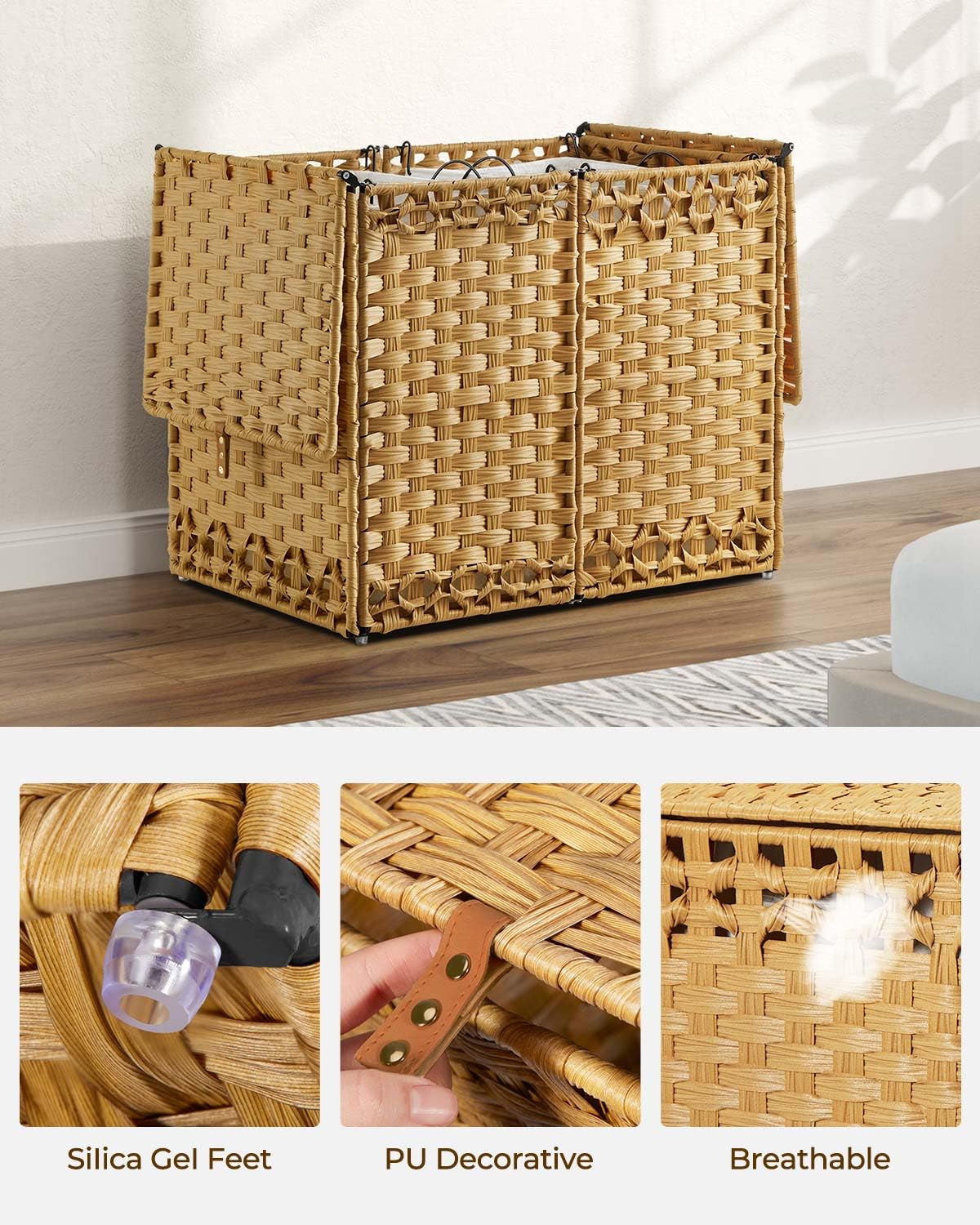Greenstell Laundry Hamper with Lid and 2 & 1 Removable Liner Bags, No Install Needed, 130L Collapsible Laundry Basket, Wicker Clothes Hamper with Handles, Hamper for Bedroom, Bathroom, Goose Yellow