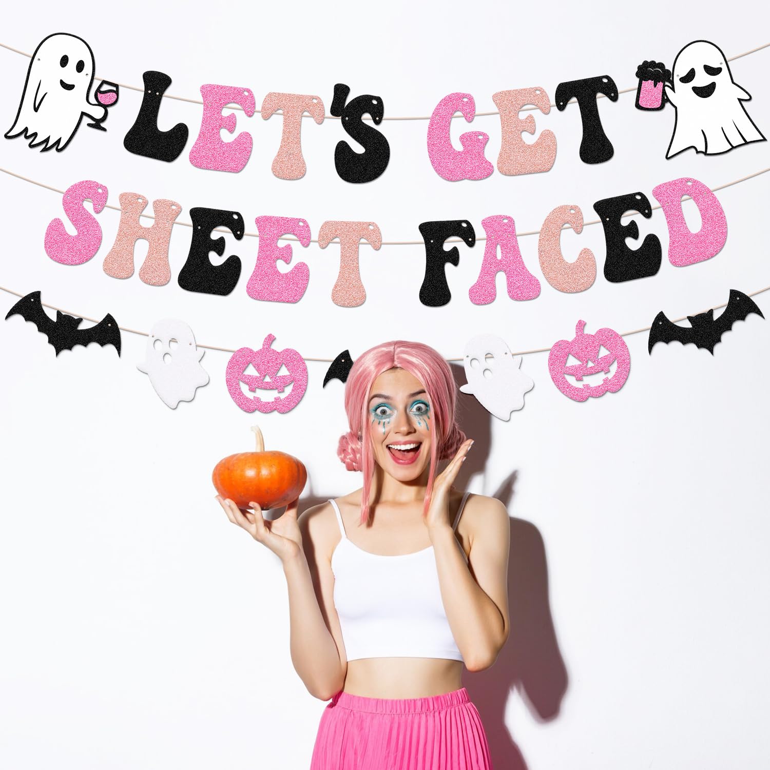 Let's Get Sheet Faced Banner Halloween Decoration Pink Hallow Banner Spooky Ghost Backdrop Boo Bat Pumpkin Haunted House Witch Poison Bar Theme Party Decor