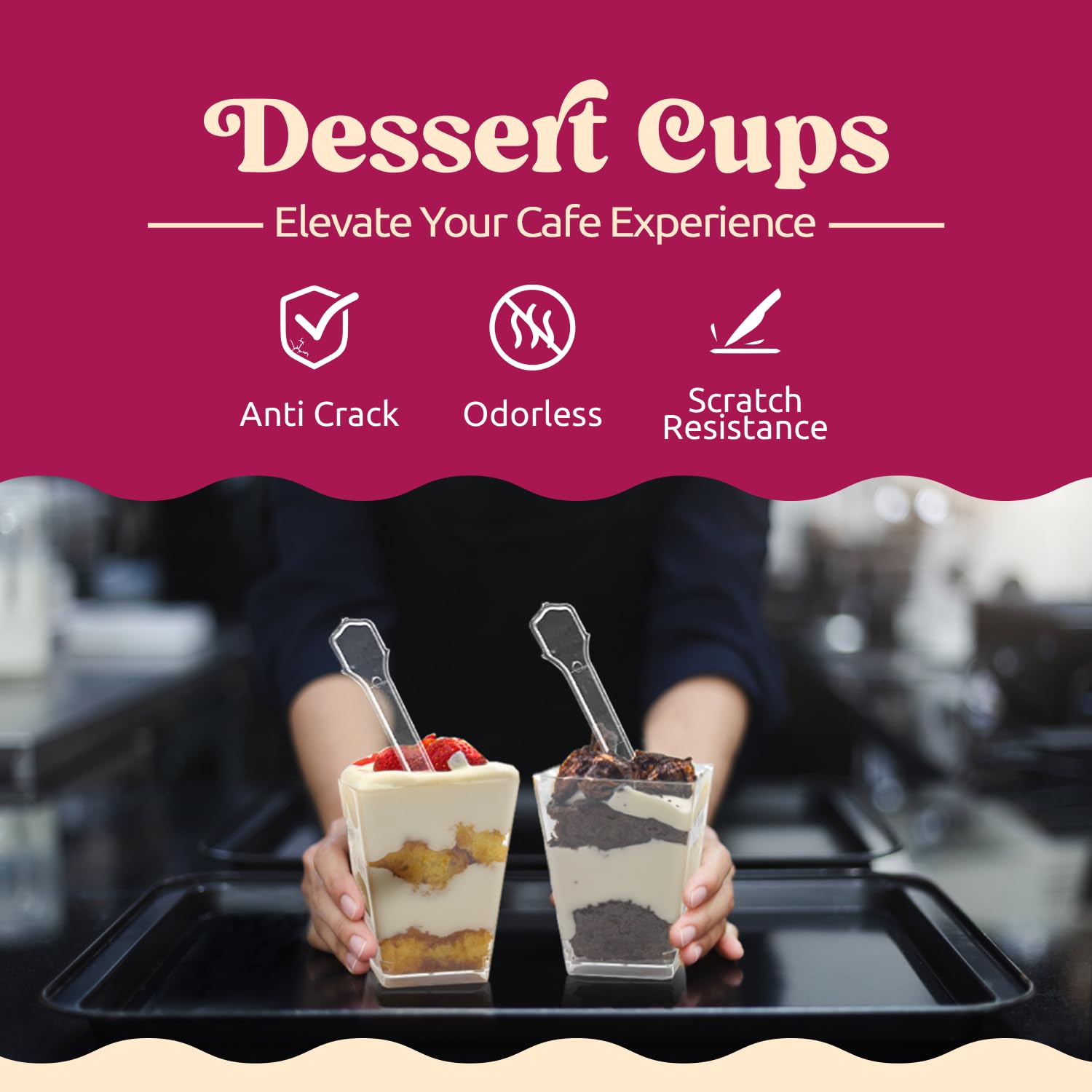Sammray 5 oz Dessert Cups with Lids and Spoons (100 Pack) β Plastic Parfait Cups for Appetizer and Desserts be it, Mousse, Tiramisu, Pudding, or salads - Perfect for Parties